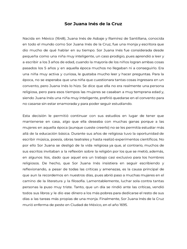 Biografía de Sor Juana Inés de la Cruz | PDF