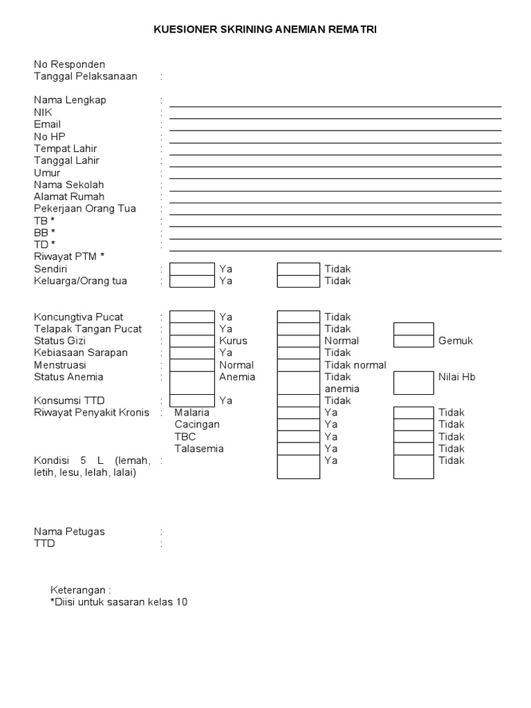 Screening Questionnaire for Anemia in Rheumatism | PDF