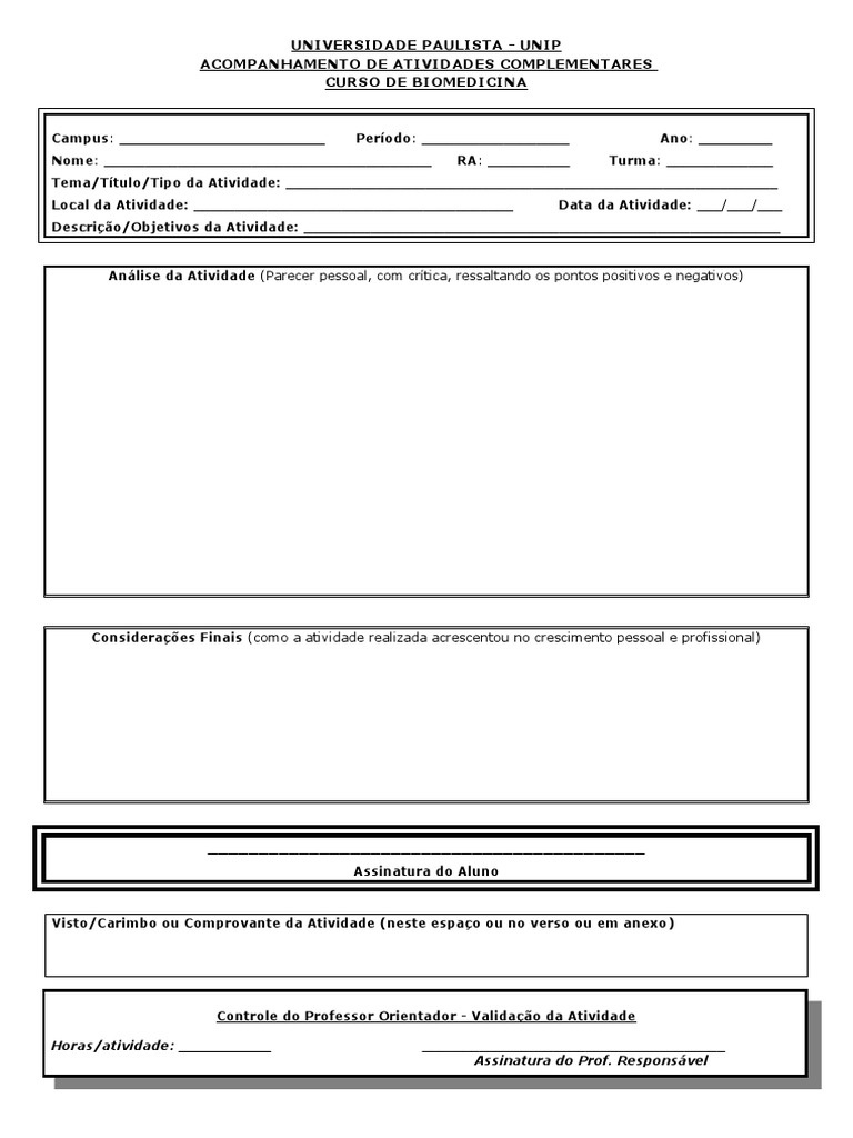 Relatório de Atividades Complementares BIOMEDICINA | PDF