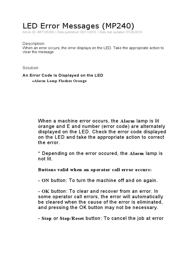 LED Error Messages mp240 | PDF | Printer (Computing) | Computer Hardware
