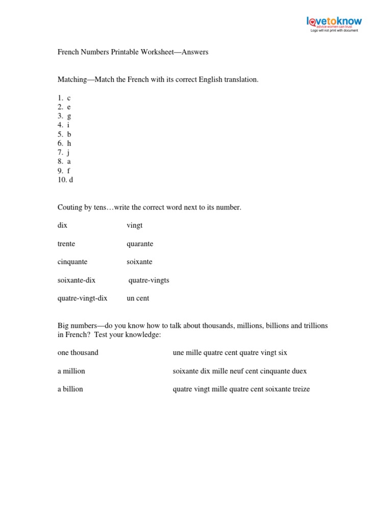 105-Answers To Printable French Numbers Worksheet | PDF | Teaching ...