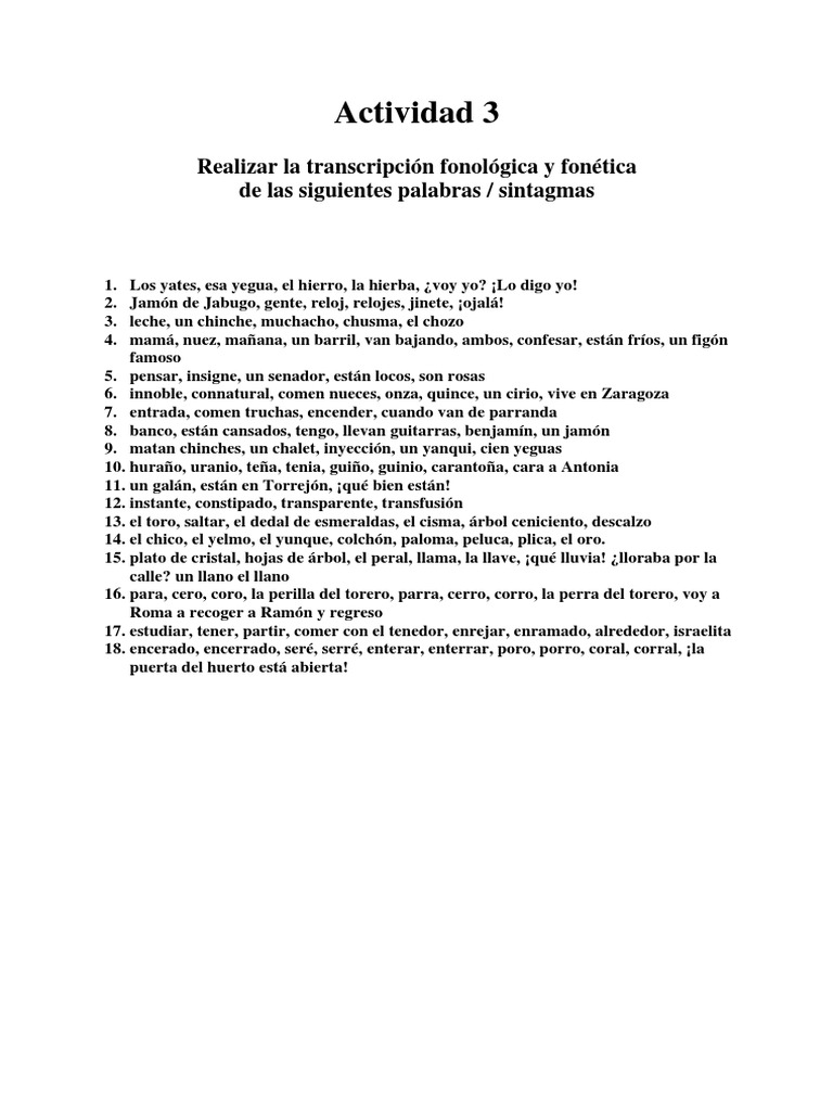 Actividad 3 - Ejercicio de Transcripción de Fonemas Fricativos y Africados | PDF | Libros para ...