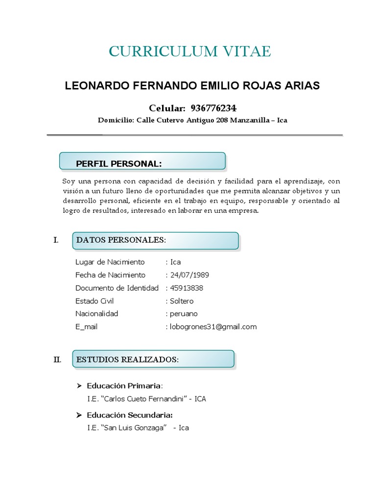 Curriculum Vitae Leonardo Fernando Emilio Rojas Arias | PDF