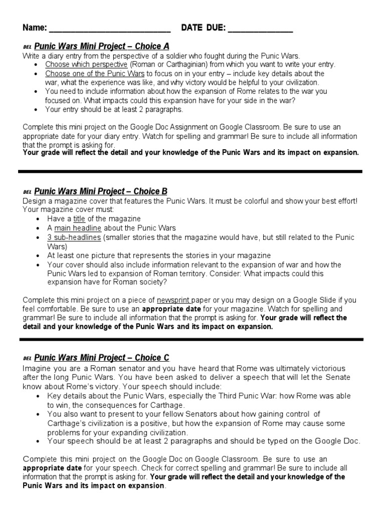 Punic Wars Mini-Project Choices Rubric | PDF | Punic Wars | Carthage