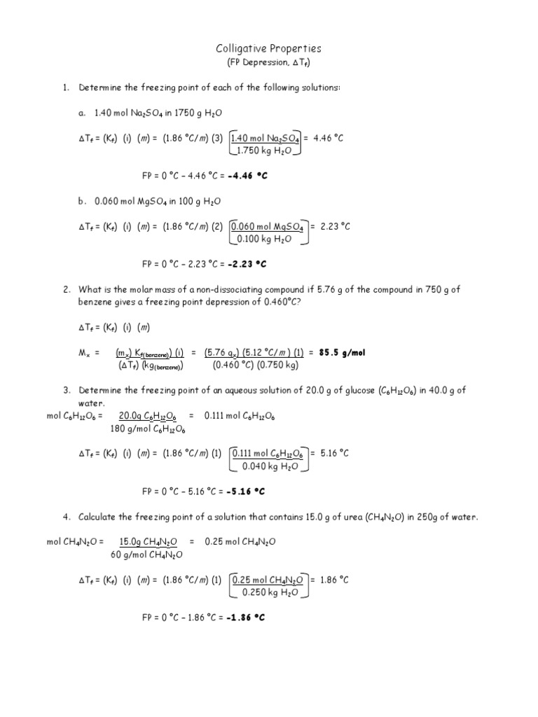Colligative Properties WS FP Answers | PDF | Mole (Unit) | Methanol