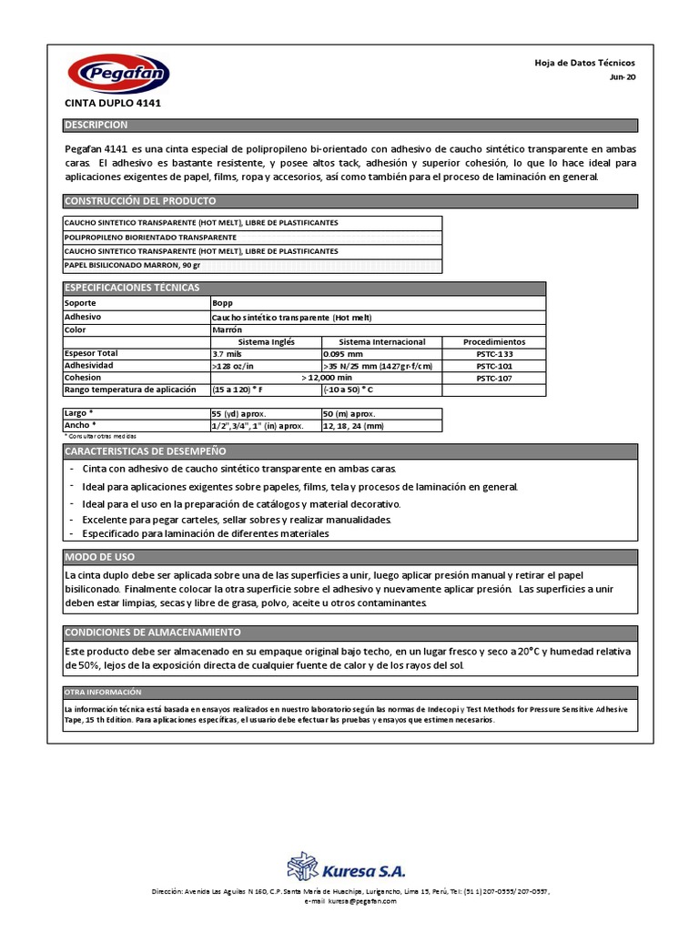 Kuresa Ficha Tecnica 4 Pegafan Duplo 4141 | PDF | Papel | Adhesivo