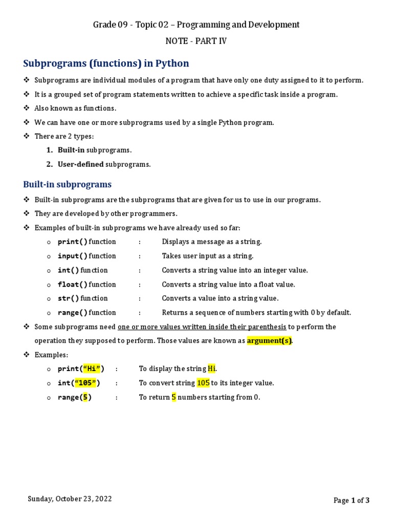 Subprograms (Functions) in Python: Grade 09 - Topic 02 - Programming ... Subprograms (Functions) in Python: Grade 09 - Topic 02 - Programming ...