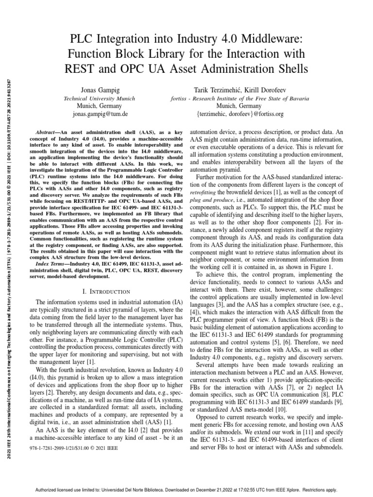 PLC Integration Into Industry 4.0 Middleware - Function Block Library For The Interaction With ...