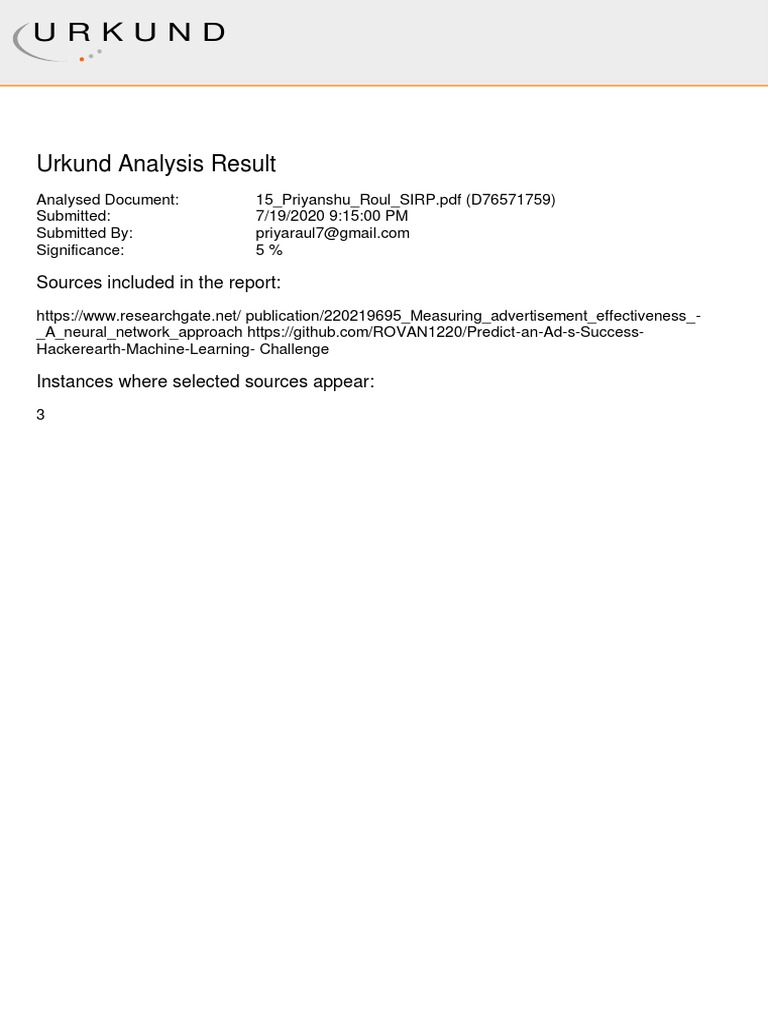 Urkund Report - 15 - Priyanshu - Roul - SIRP - PDF (D76571759) | PDF | Logistic Regression ...