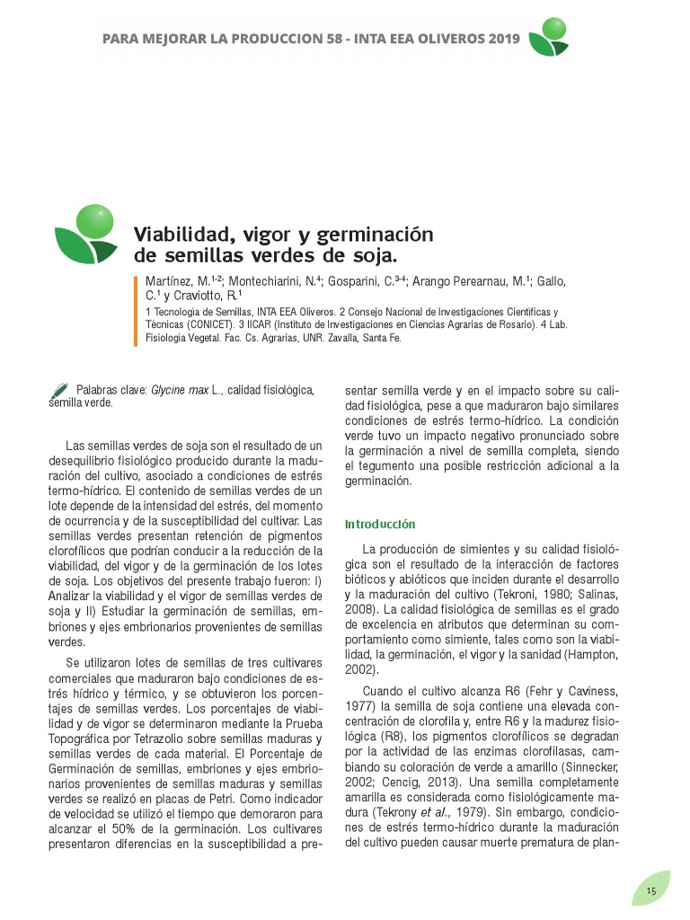 Viabilidad, Vigor y Germinación de Semillas Verdes de Soja | PDF ...