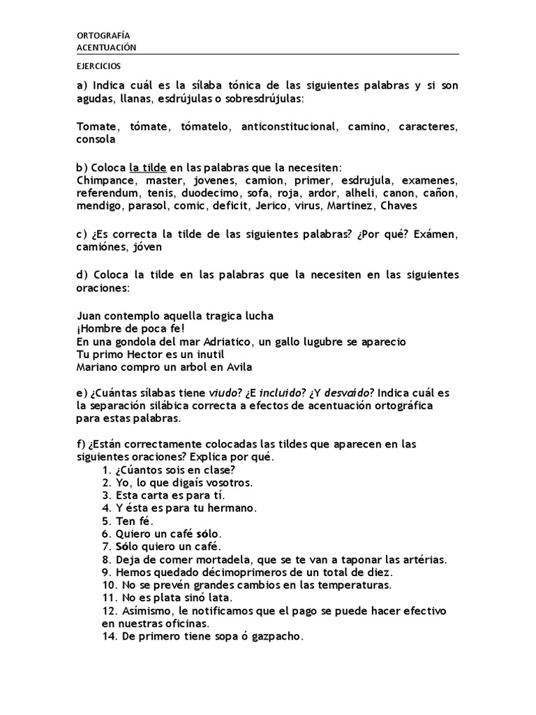 Ejercicios Acentuación 01 | PDF