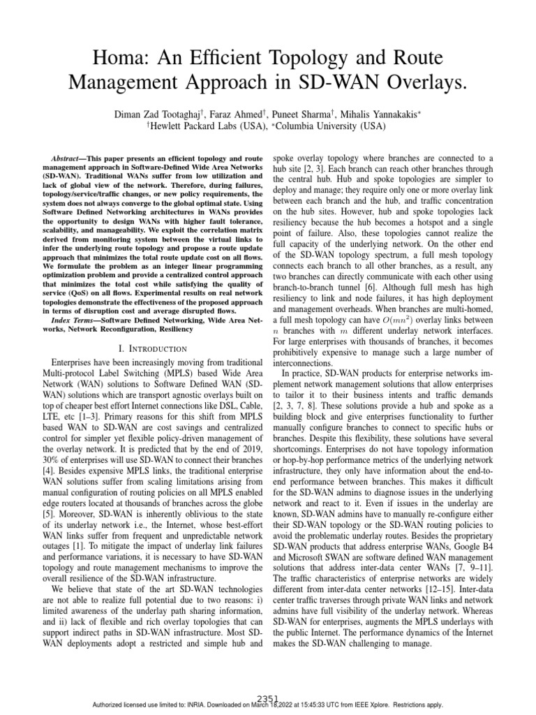 Homa: An Efficient Topology and Route Management Approach in SD-WAN Overlays | PDF | Computer ...