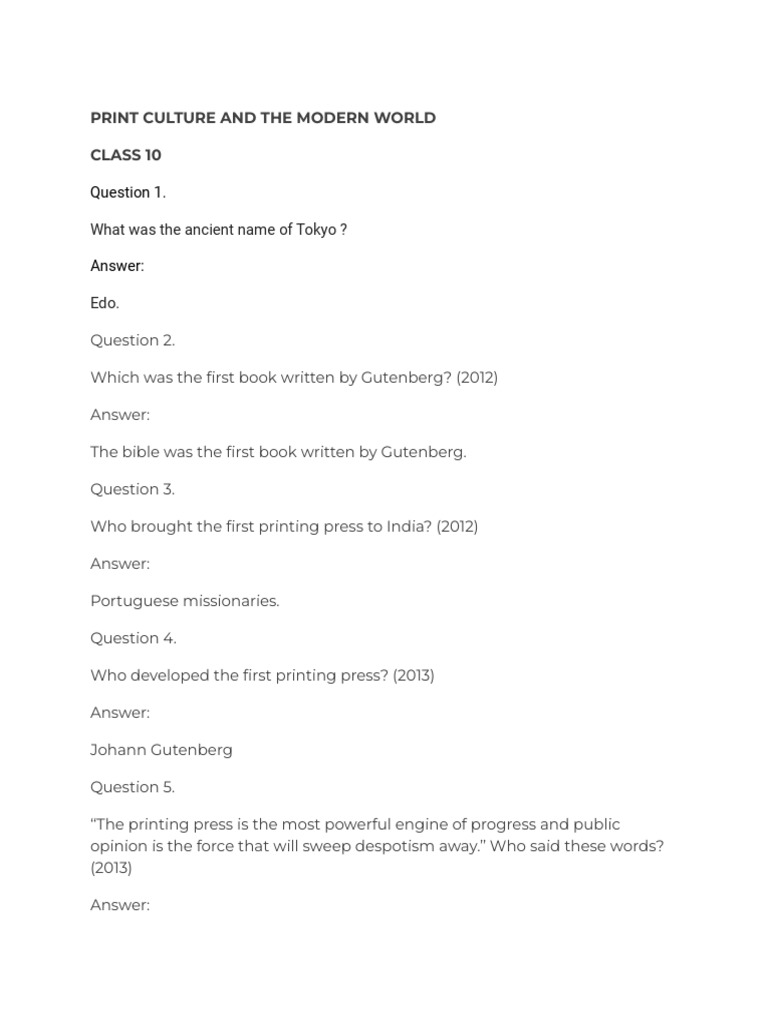 Print Culture and The Modern World-Class 10 | PDF | Printing | Printing ...