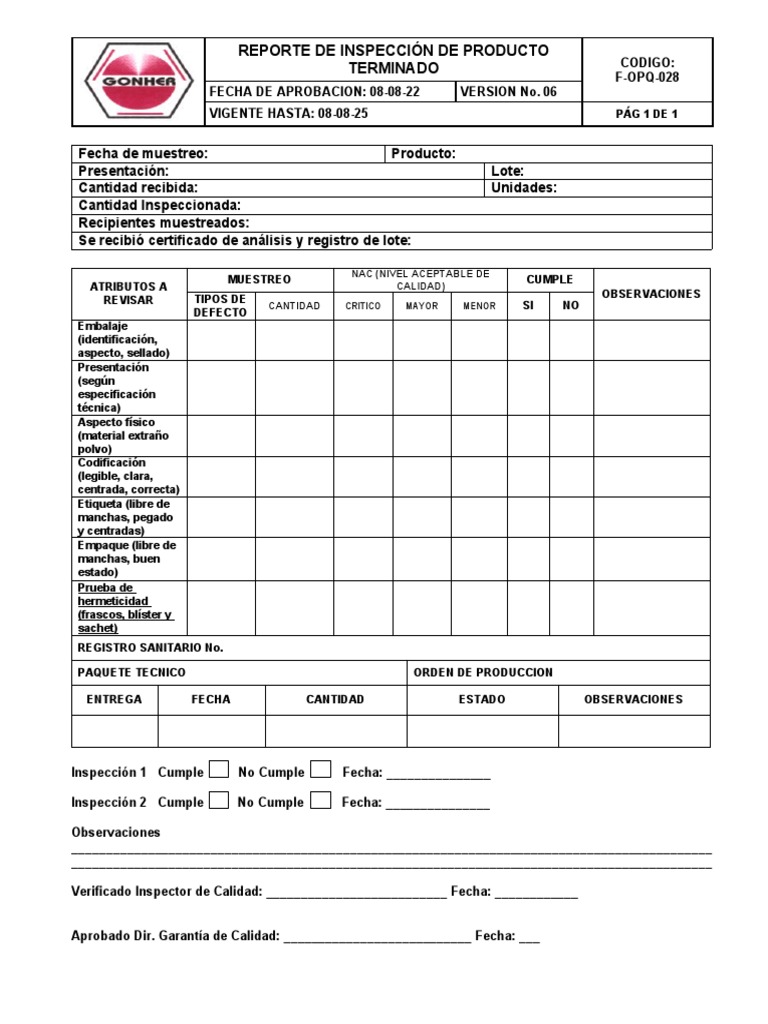Reporte de inspección de calidad de un lote de producto terminado | PDF Reporte de inspección de calidad de un lote de producto terminado | PDF