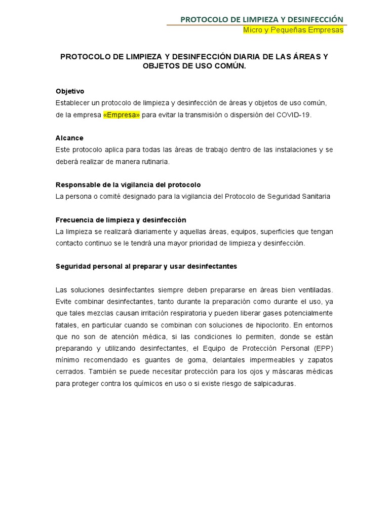 Protocolo de Limpieza y Desinfección Diaria de Las Áreas y Objetos de Uso Común | PDF ...