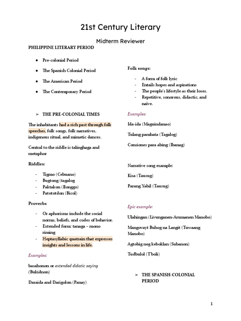 21st Century Literary: Midterm Reviewer | PDF | Narration | Poetry