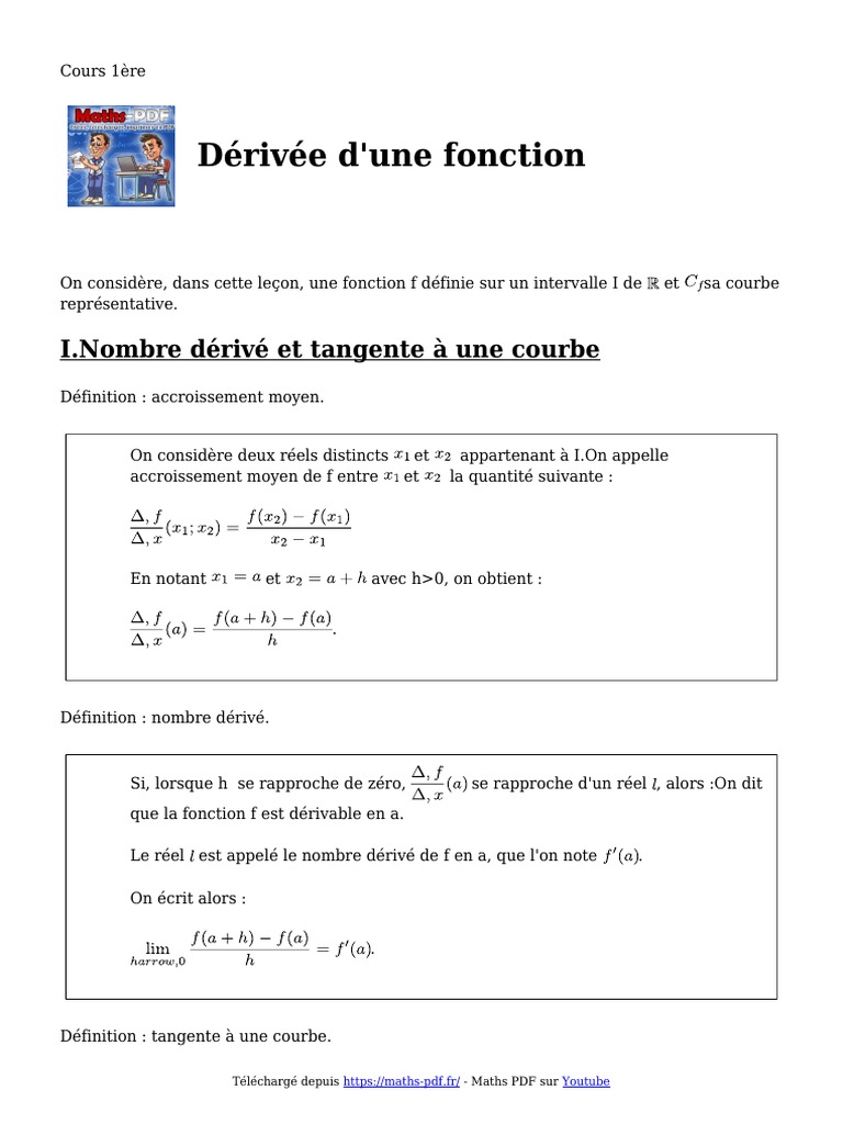 Derivee D Une Fonction Cours de Maths en 1ere A Telecharger en PDF ...