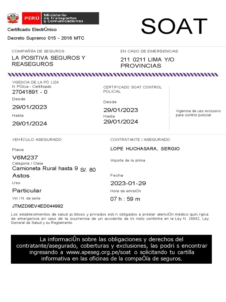 La Positiva Seguros Y Reaseguros 211 0211 LIMA Y/O Provincias | PDF