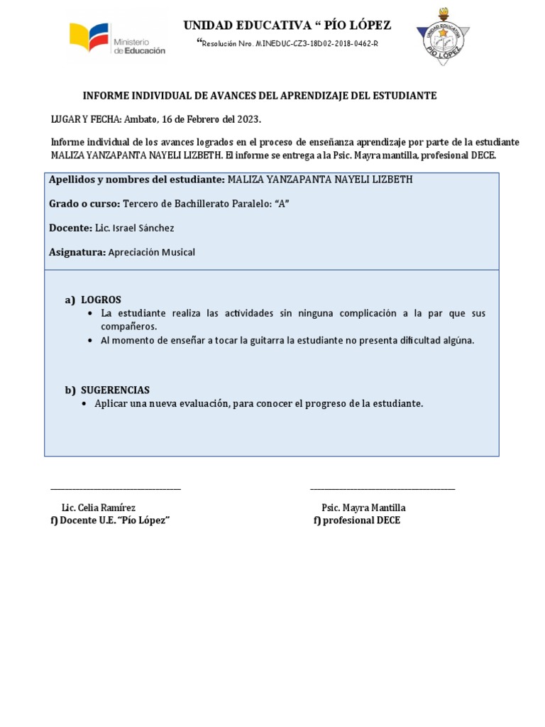 Informe Individual de Avances Del Aprendizaje Del Estudiante - Nayeli Maliza | PDF