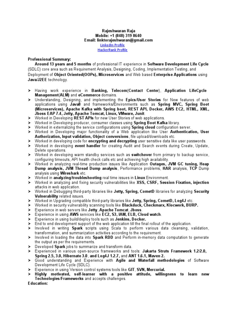 Linkedin Profile Hackerrank Profile Pdf Spring Framework Java Programming Language