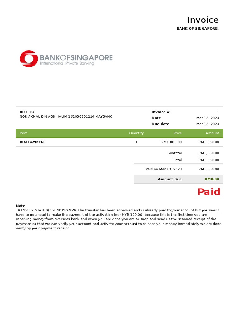 Invoice: Bank of Singapore | PDF