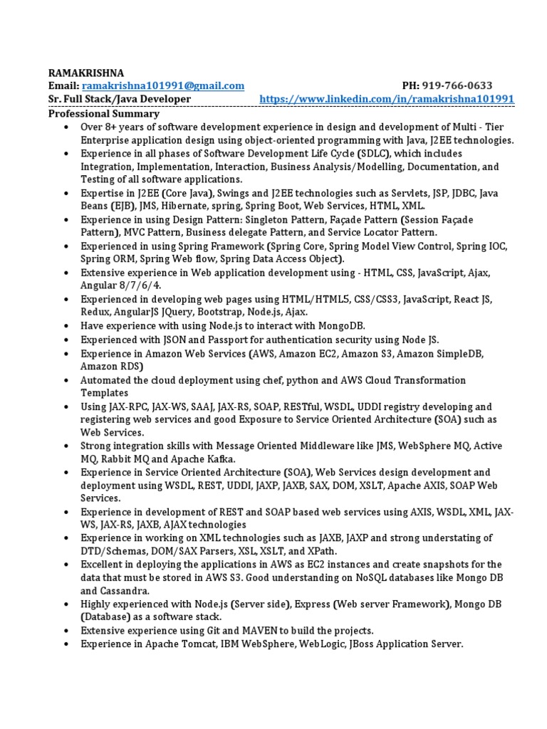 Ramakrishna Email: PH: Sr. Full Stack/Java Developer Professional Summary | Download Free PDF ...