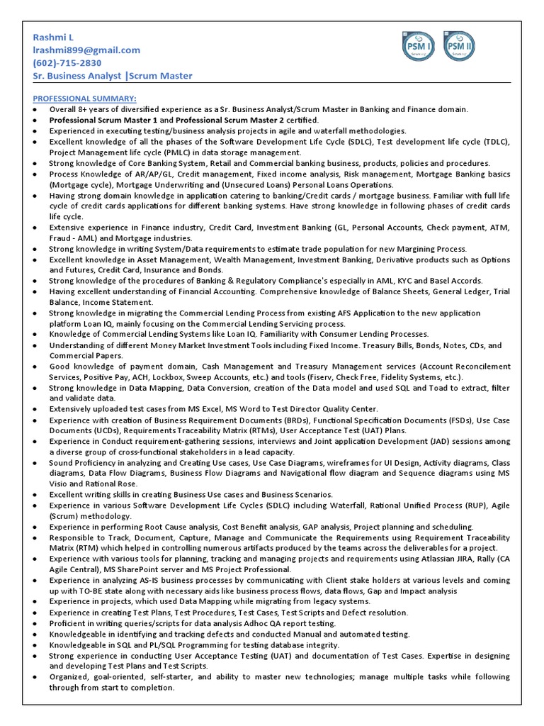 Rashmi L (602) - 715-2830 Sr. Business Analyst - Scrum Master | PDF | Use Case | Software ...