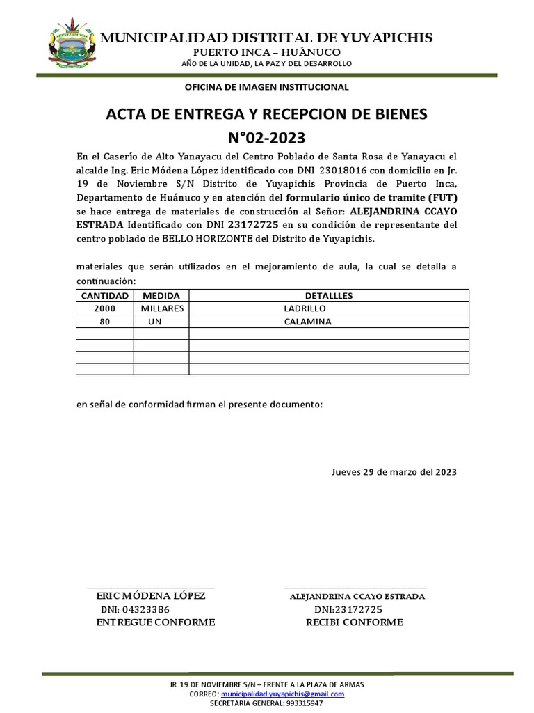 Acta de Entrega y Recepcion de Bienes - 2 | PDF