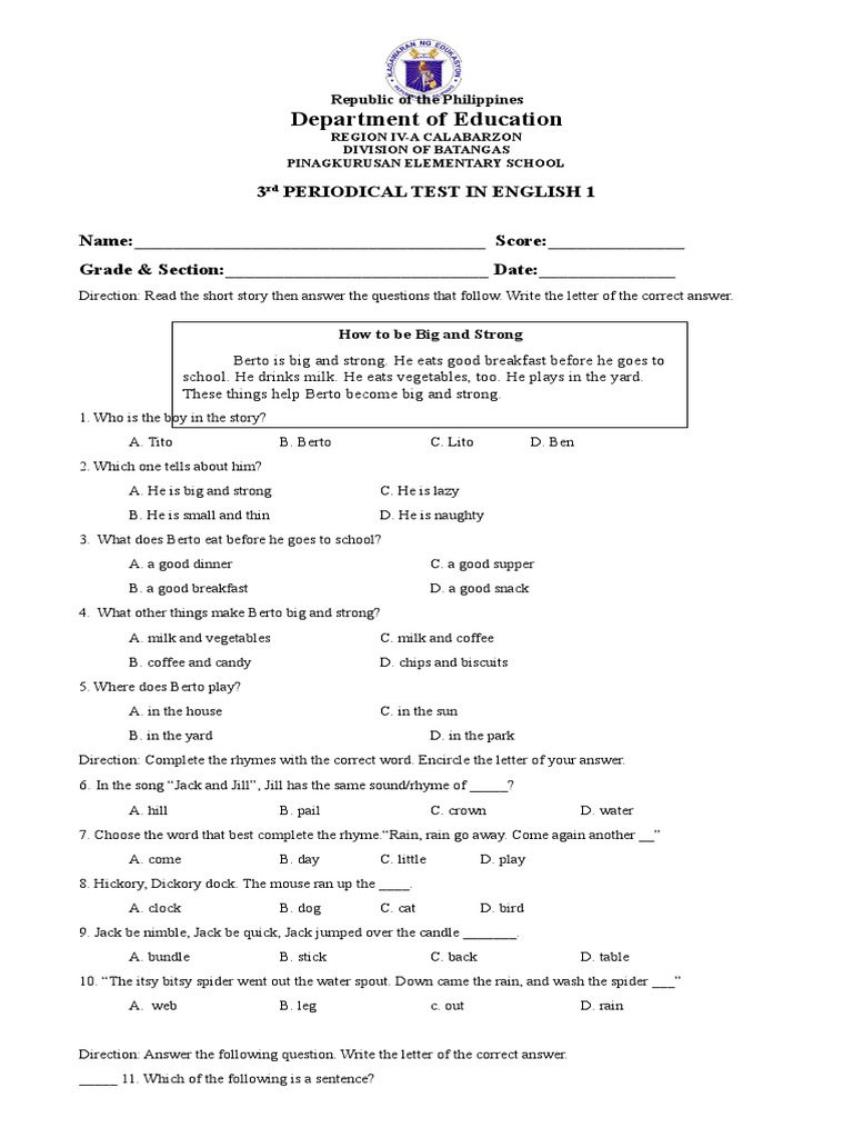 Grade 1 English 3rd Periodical Test | PDF | Shape