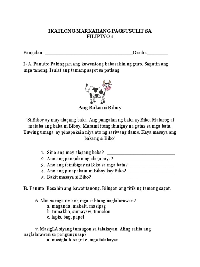 Ikatlong Markahang Pagsusulit Sa Filipino 1 | PDF