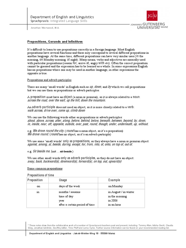 Prepositions, Gerunds and Inifinitives Handout | PDF | Preposition And Postposition | Verb