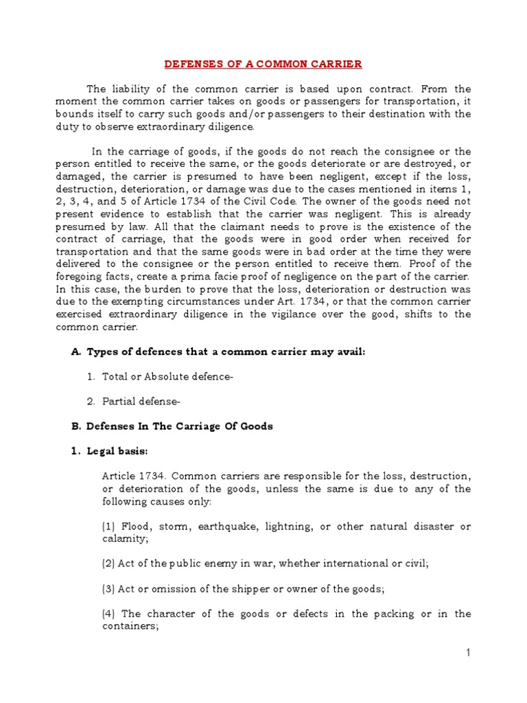Common Carrier Liability Defenses | PDF | Negligence | Legal Liability