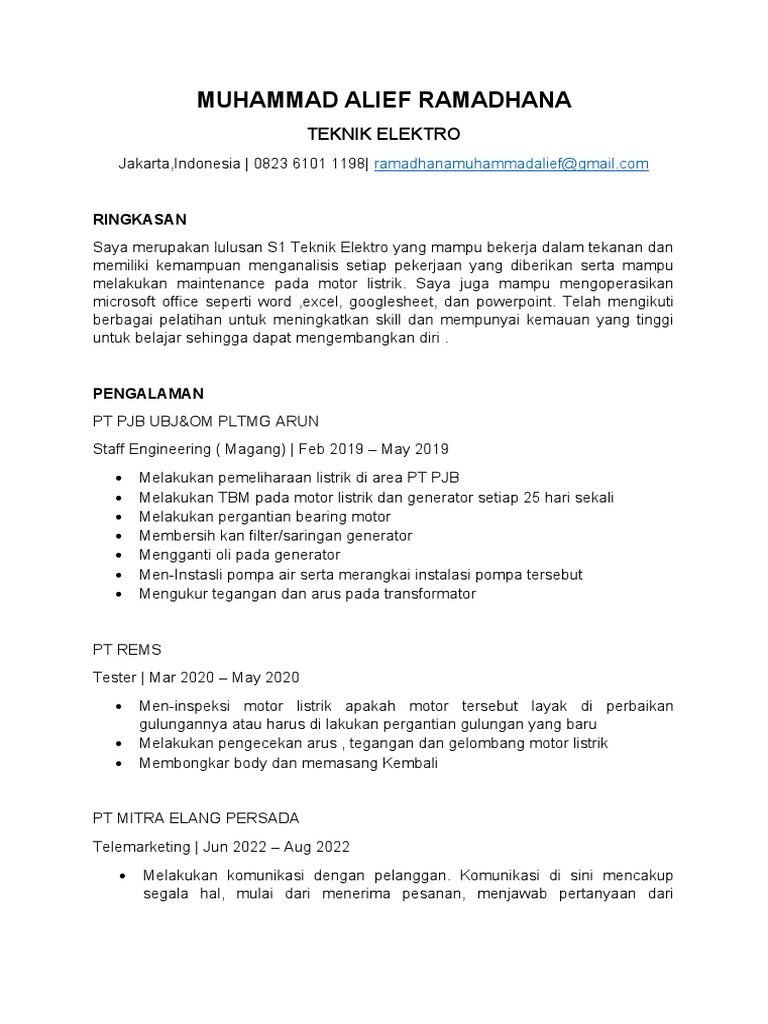 CV Teknik Elektro Muhammad Alief Ramadhana | PDF