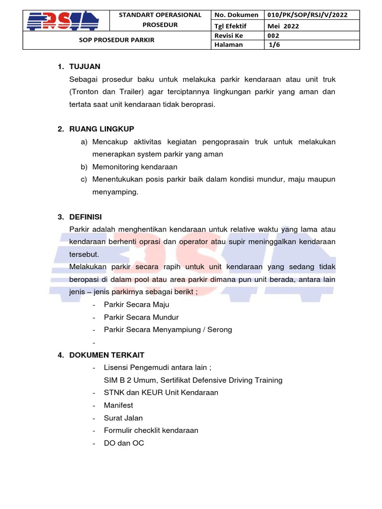 Sop Prosedur Parkir Truk | PDF | Teknologi & Rekayasa