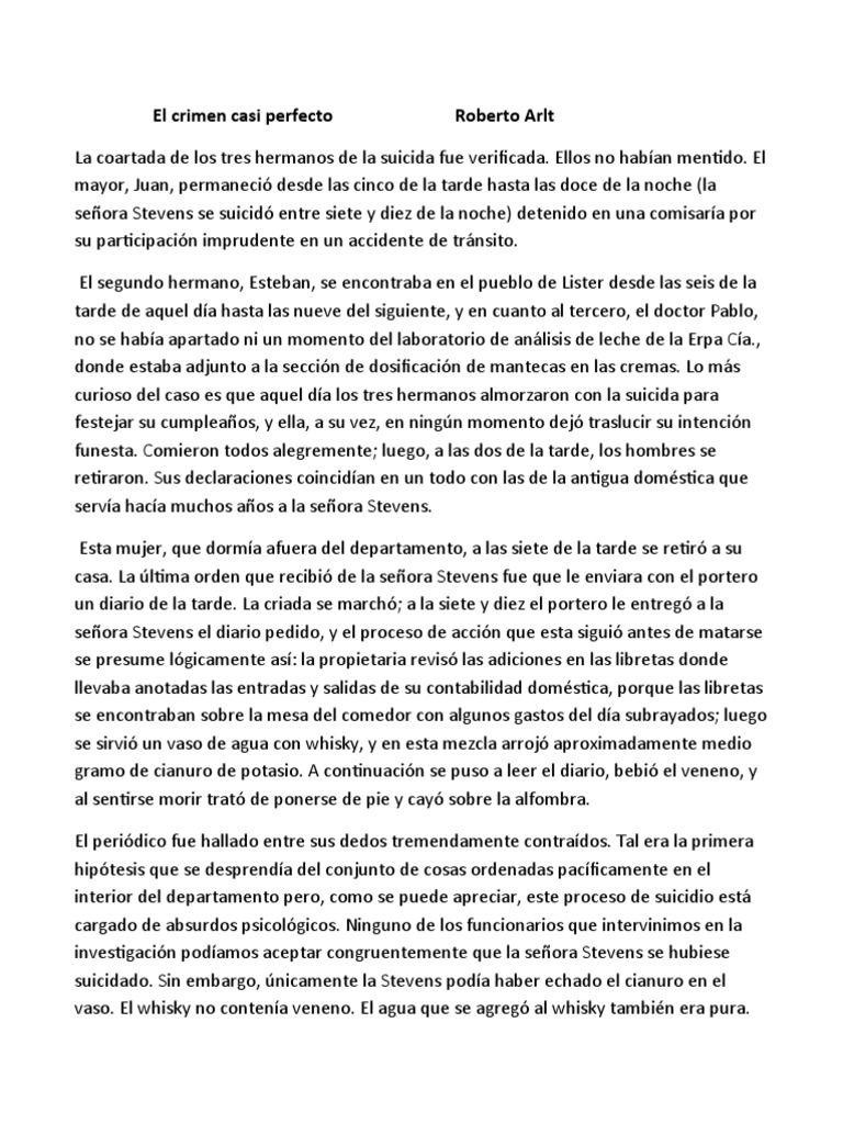 El Crimen Casi Perfecto Roberto Arlt | PDF | Suicidio