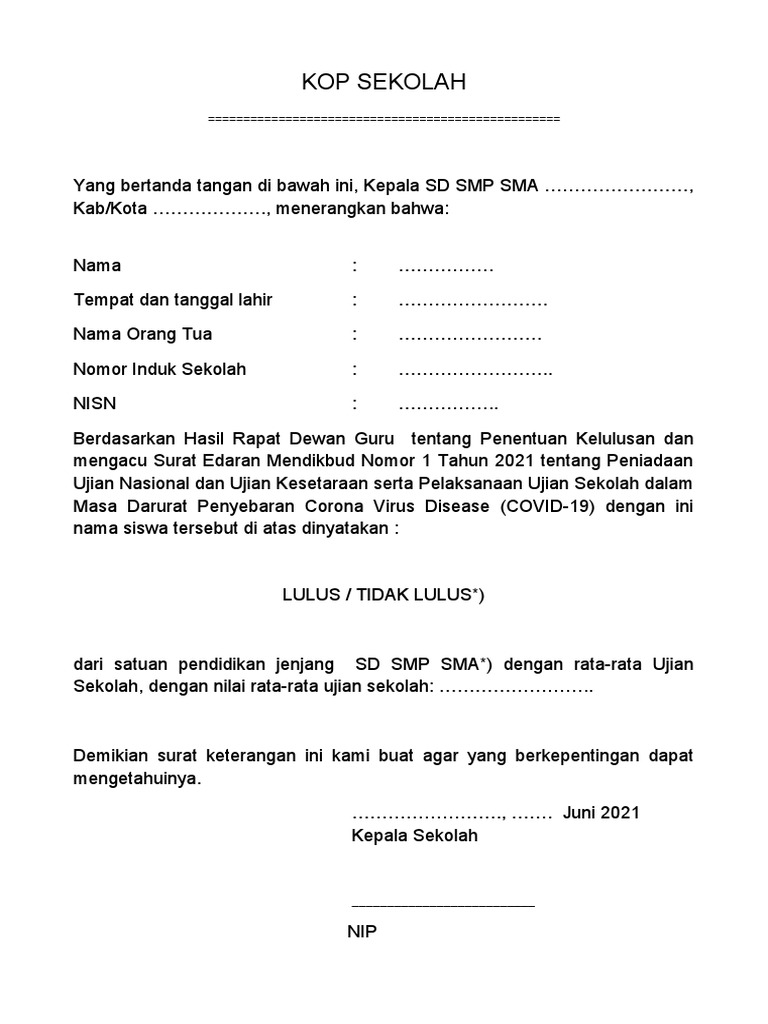 Surat Keterangan Lulus Sekolah 2024 | PDF
