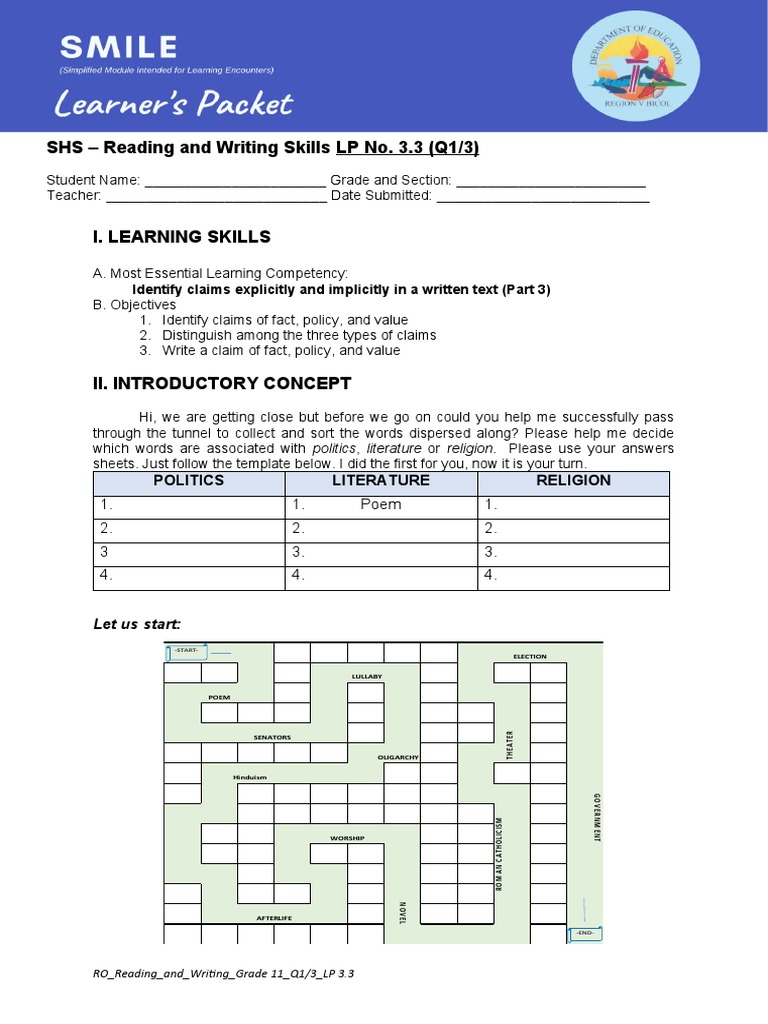SMILE Reading and Writing Q1 LP3.3 | PDF | Agriculture | Morality
