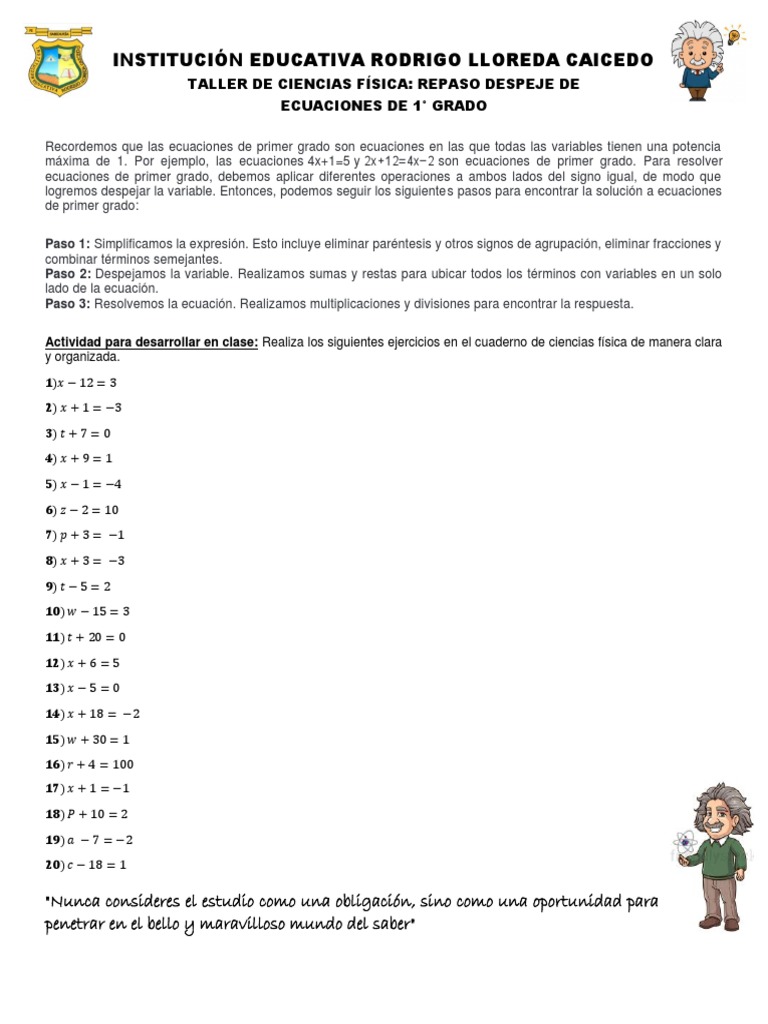 Taller Ejercicios Despeje de Ecuaciones de 1° Grado (Parte I) | PDF