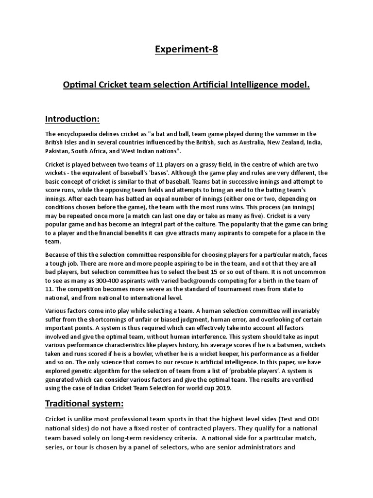 Experiment-8: Optimal Cricket Team Selection Artificial Intelligence ...