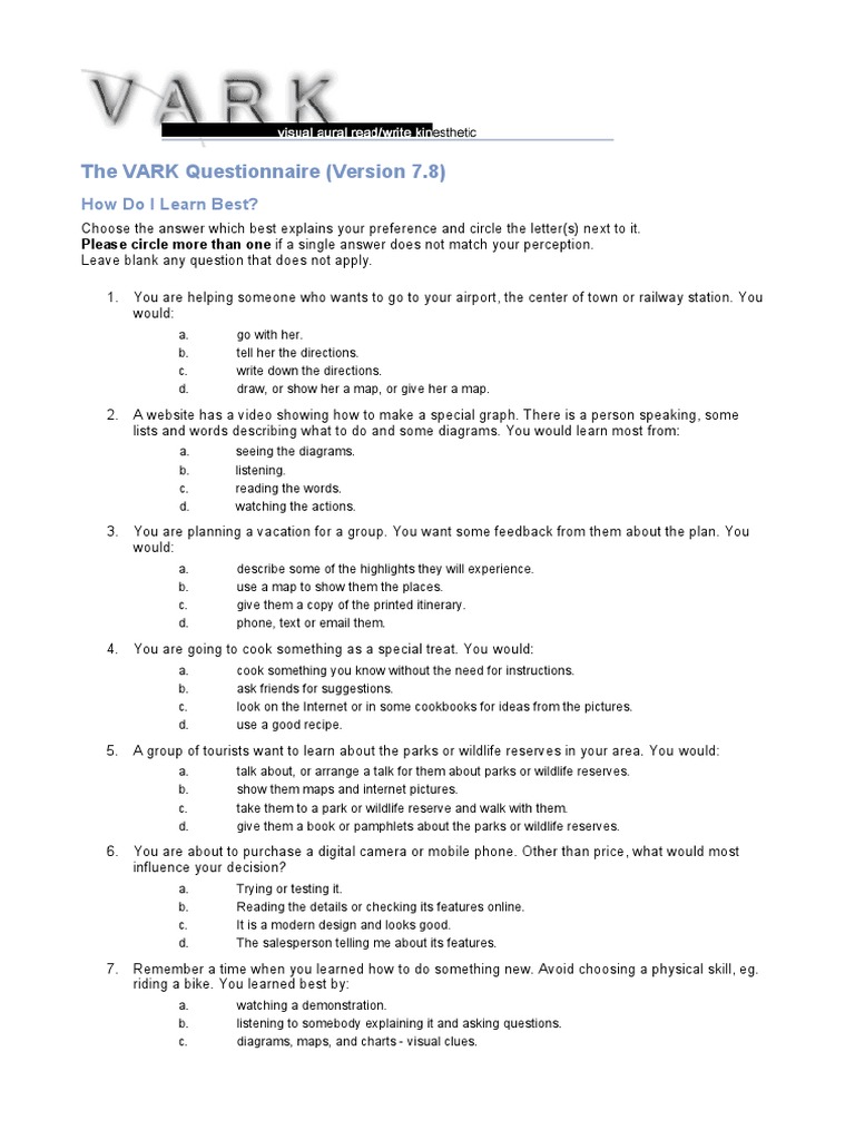 Vark Questionnaire | PDF | Books | Cognitive Science Vark Questionnaire | PDF | Books | Cognitive Science