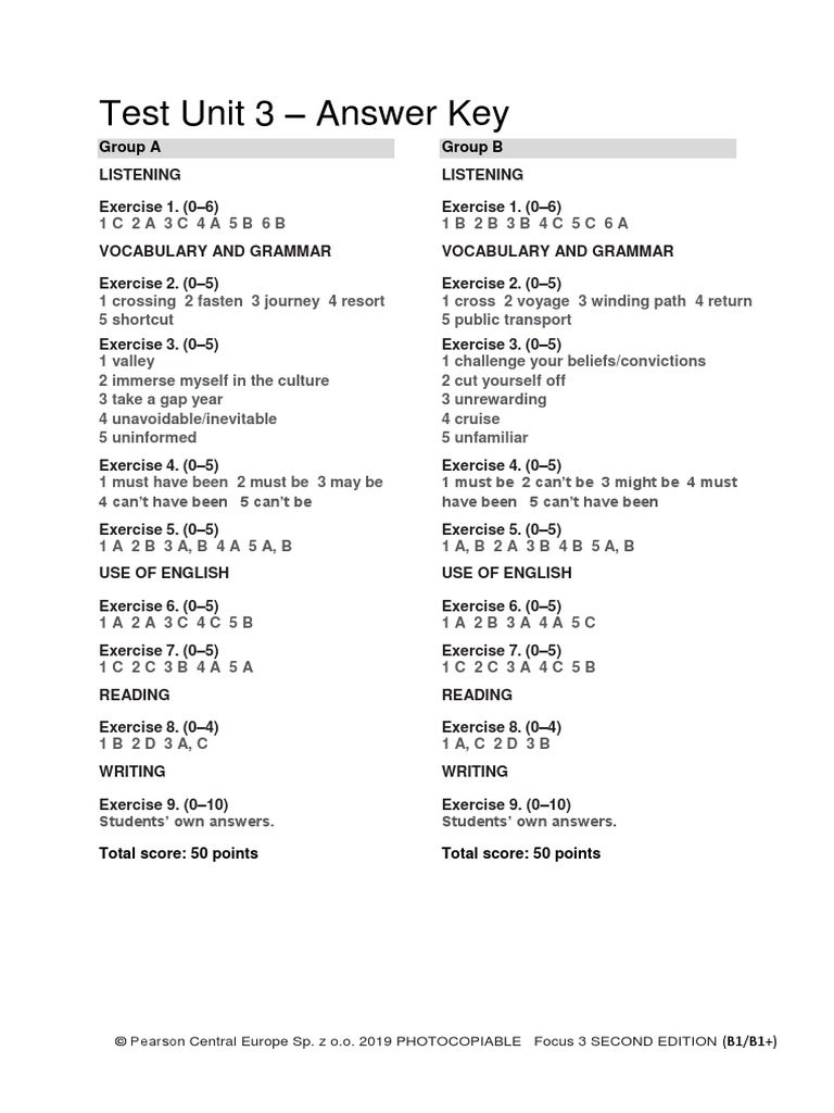 Focus3 2E Test Unit3 ANSWERS | PDF