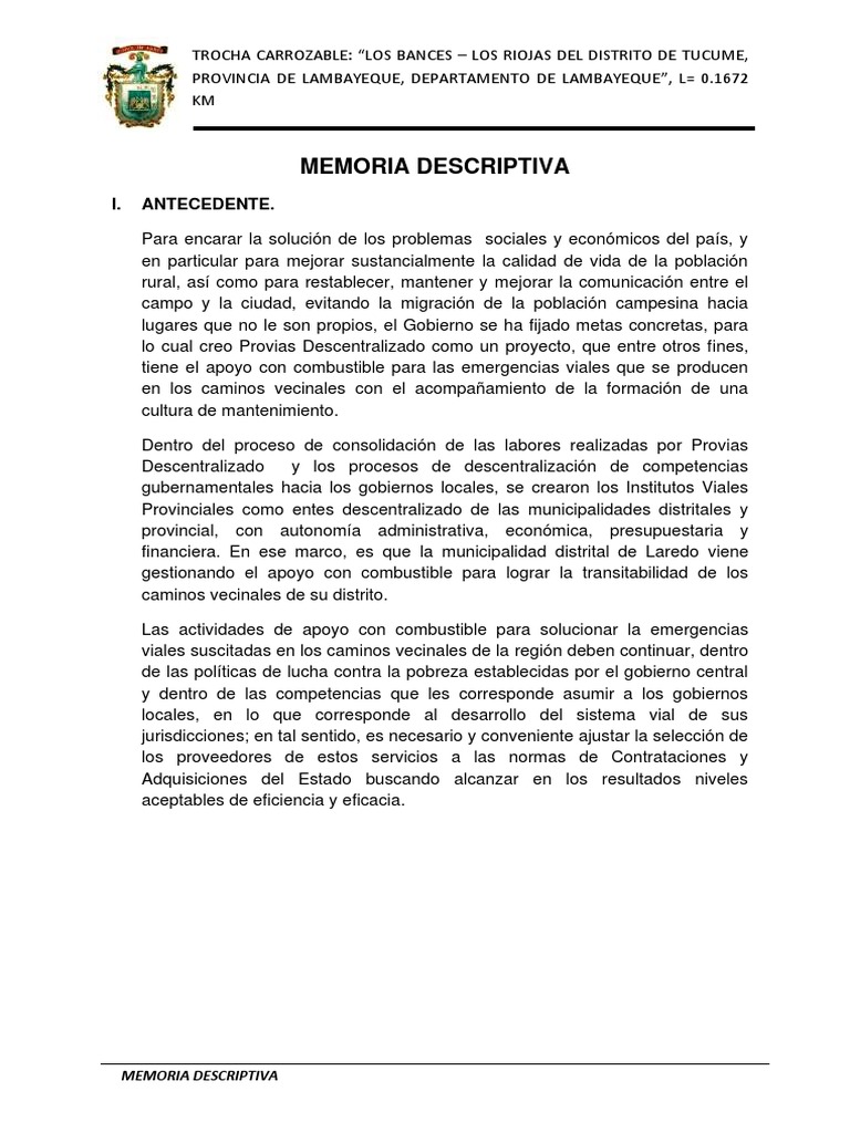 Memoria Descriptiva Los Bances - Los Rioja | PDF | Gobierno local