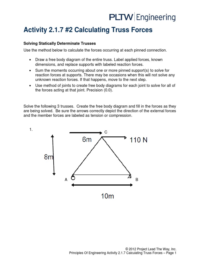 Activity 2.1.7 #2 Calculating Truss Forces: Solving Statically Determinate Trusses | PDF