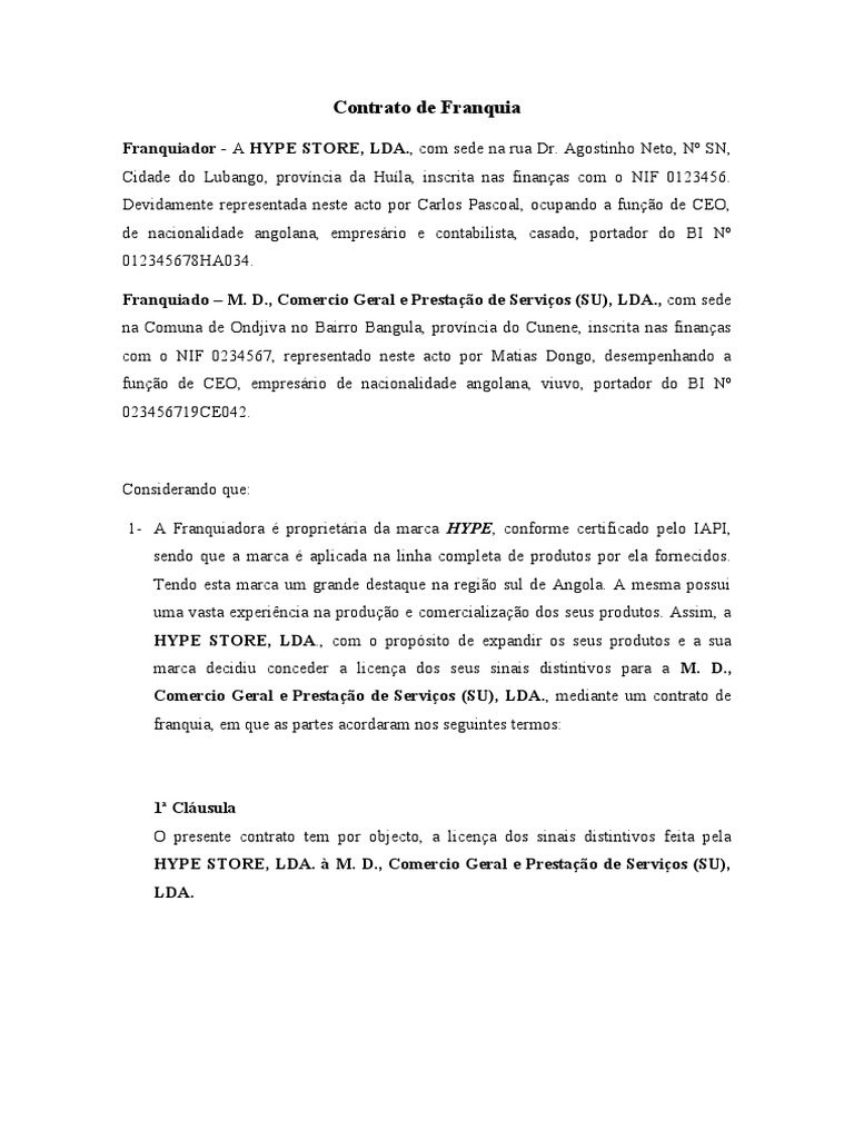 Contrato de Franquia HYPE Store Angola | PDF | Angola | Business