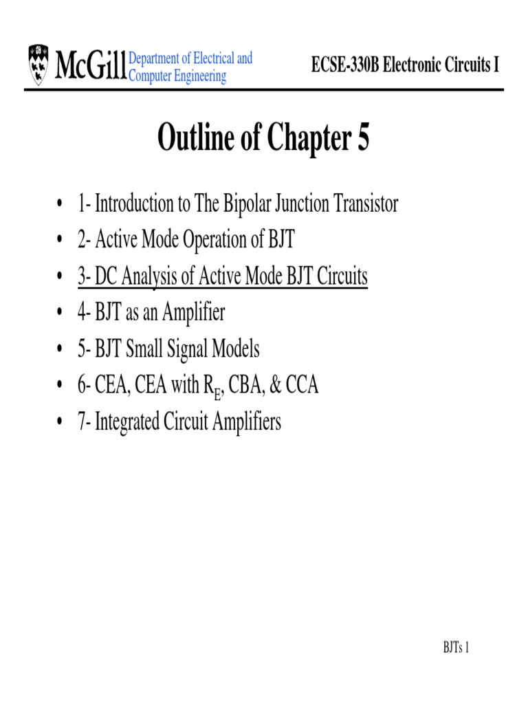 Outline of Chapter 5: ECSE-330B Electronic Circuits I | PDF | Bipolar Junction Transistor ...
