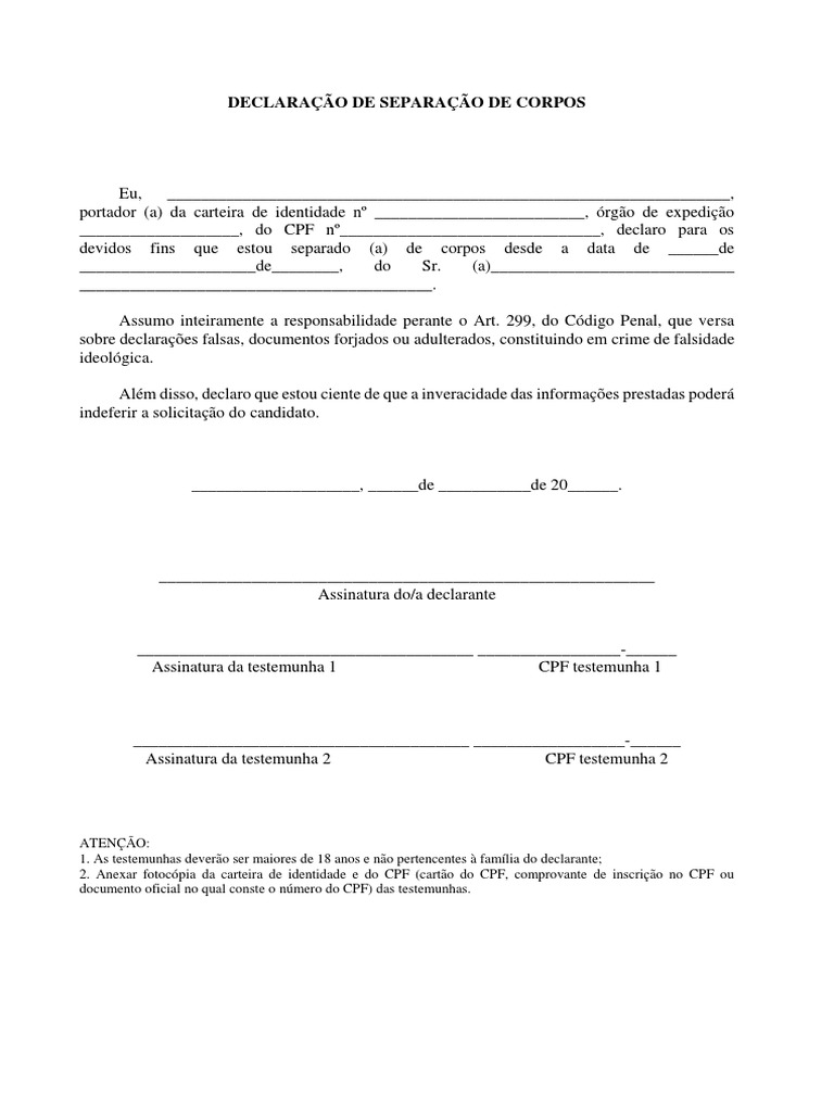 Declaração de Separação de Corpos | PDF