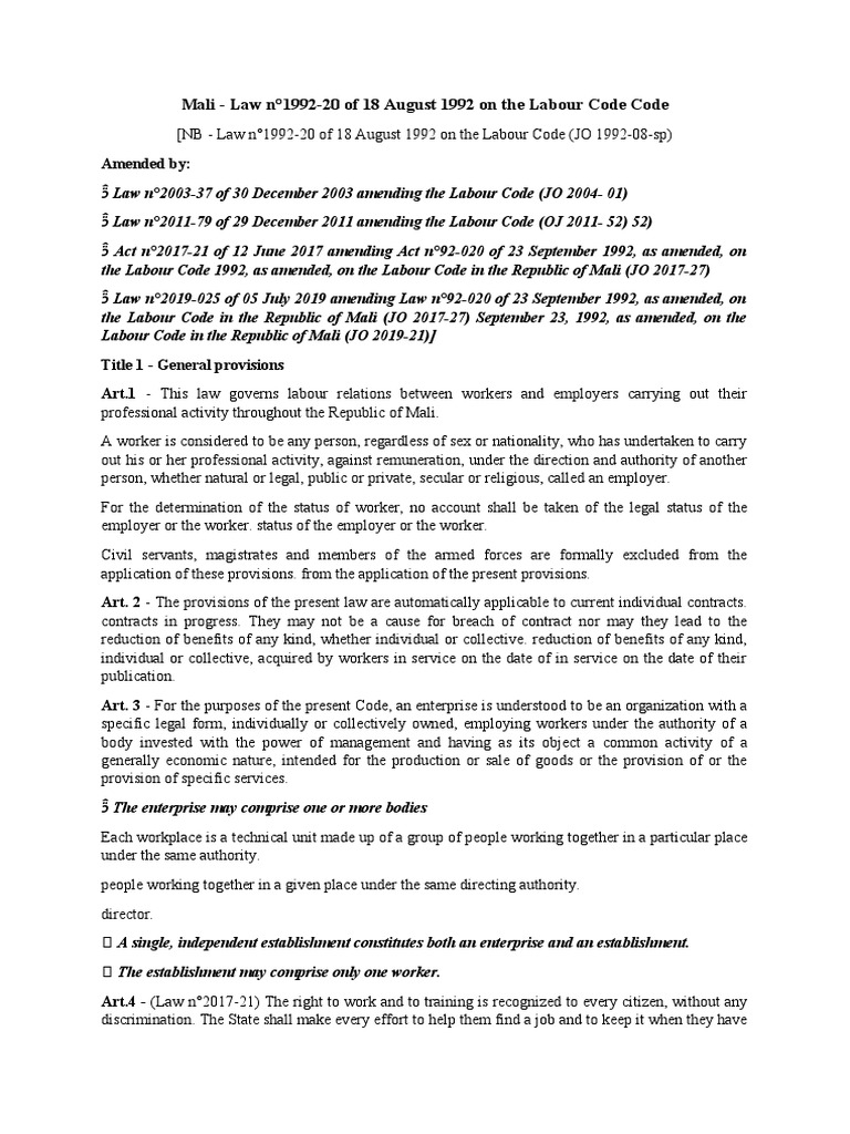 Mali - Law N°1992-20 of 18 August 1992 On The Labour Code Code | PDF ...