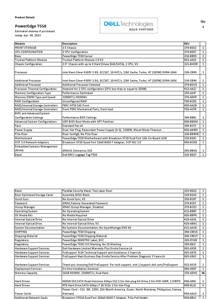 PowerEdge T550 Server Configuration Details | PDF | Bios | Central Processing Unit