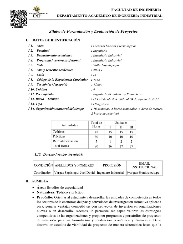 Sílabo 2023.I - Formulación y Evaluación de Proyectos - Ing - Ind. UNT 16s | PDF | Mercado ...