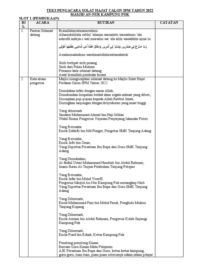 Teks Pengacara Majlis Solat Hajat Calon SPM Tahun 2022 Masjid An | PDF